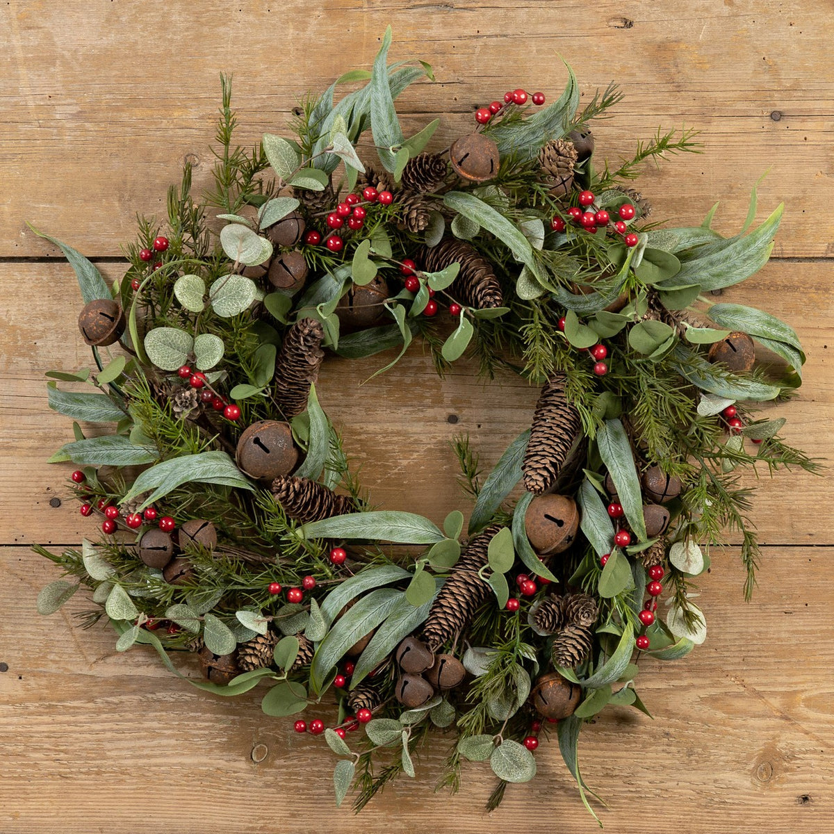 24" Eucalyptus & Jingle Bell Wreath – Chic & Shabby